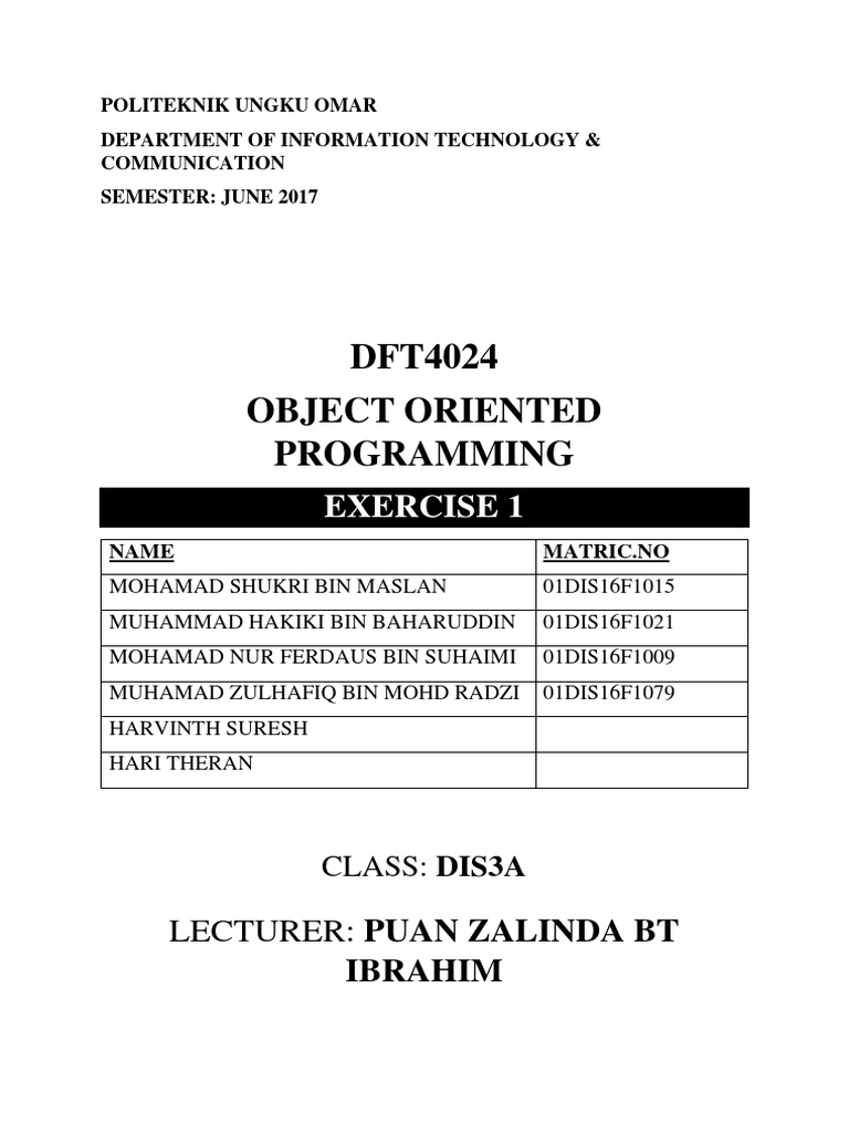 DFT4024 Object Oriented Programming: Exercise 1 | PDF