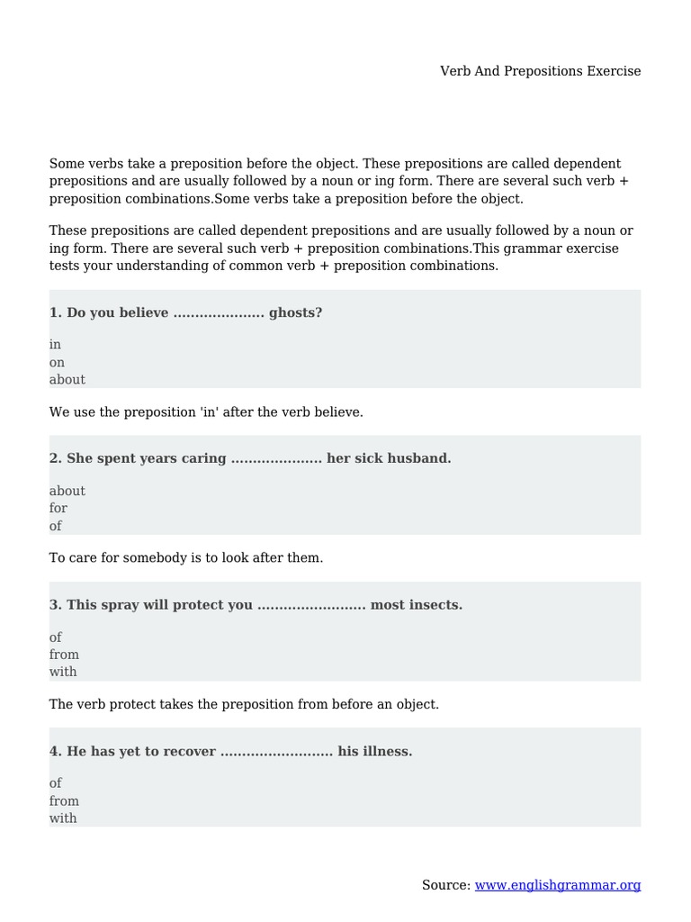 Verb and Prepositions Exercise | PDF | Object (Grammar) | Preposition And Postposition