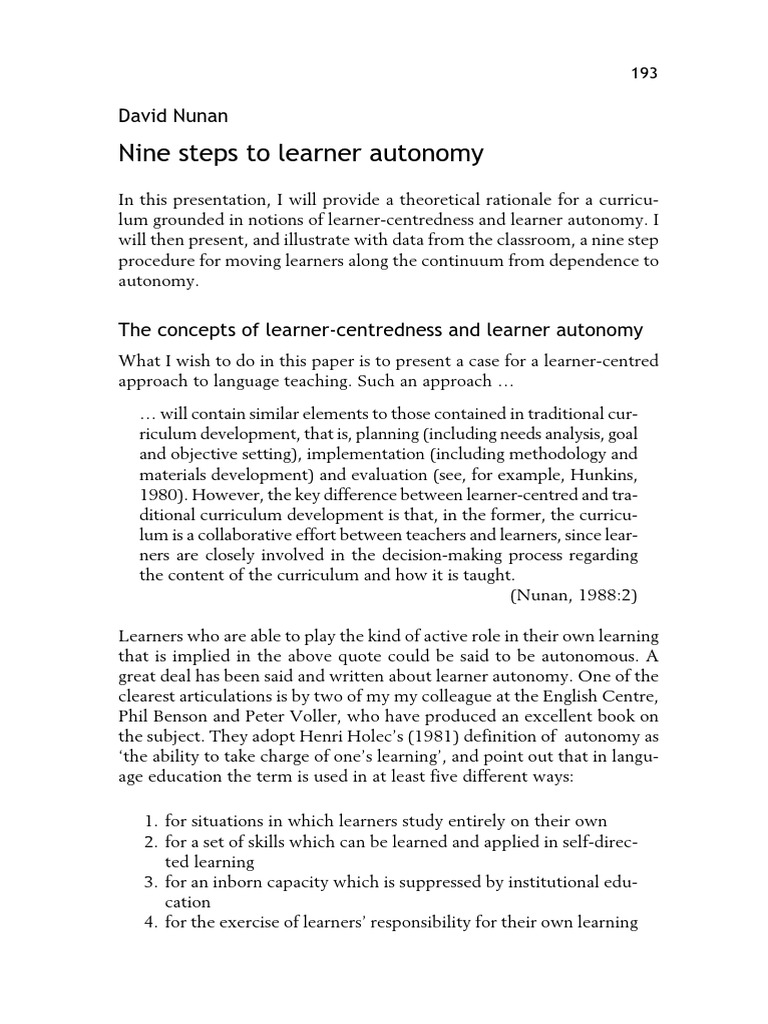 Nine Steps To Learner Autonomy (Nunan) | PDF | English As A Second Or Foreign Language | Curriculum