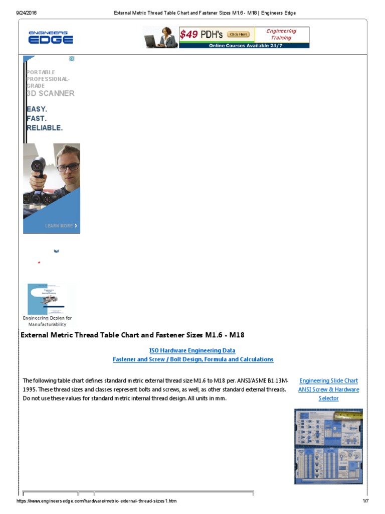 External Metric Thread Table Chart and Fastener Sizes M1 | PDF | Screw ...