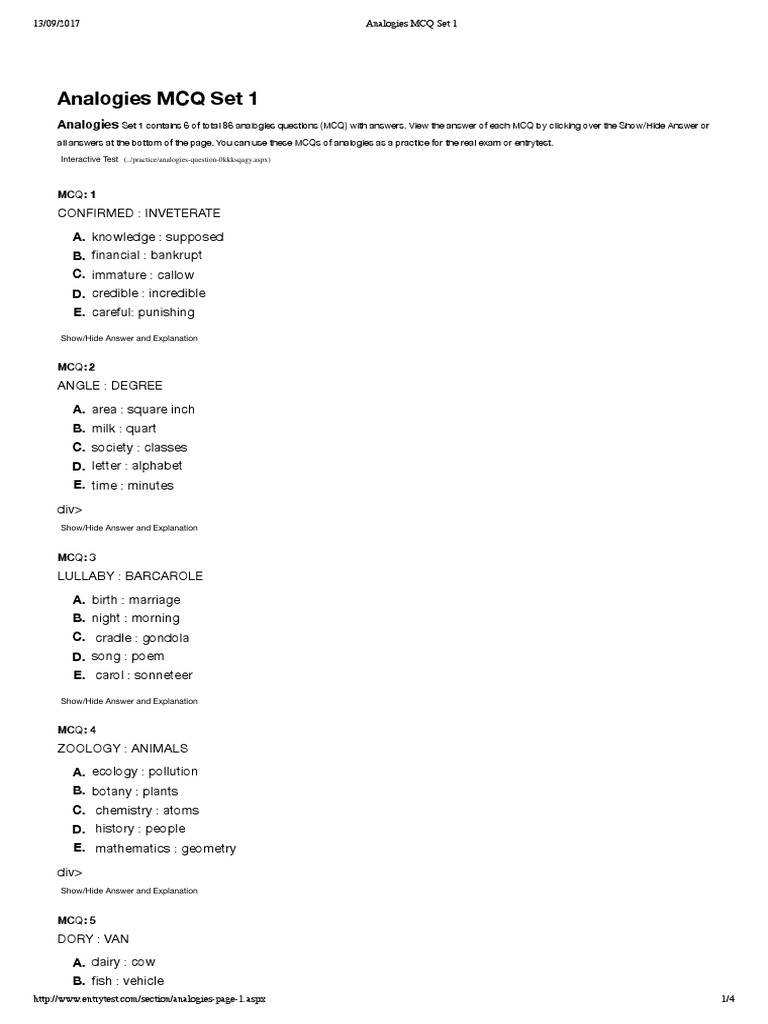 Analogies MCQ Set 1 | PDF | Graduate Record Examinations | Data Collection