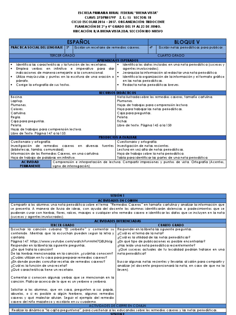 Planeación Multigrado de Español 3 y 4 | Lectura (proceso ...