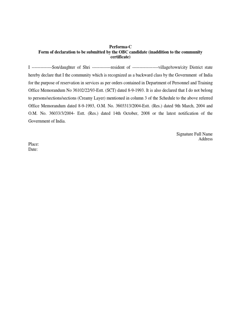 Performa C Form Of Declaration To Be Submitted By The Obc Candidate Inaddition To The Community