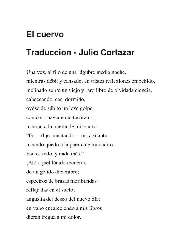 Poe - El Cuervo - Traduccion Julio Cortazar | PDF | El Cuervo | Edgar ...