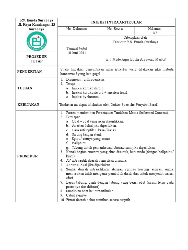 Sop Injeksi Intra Artikular | PDF