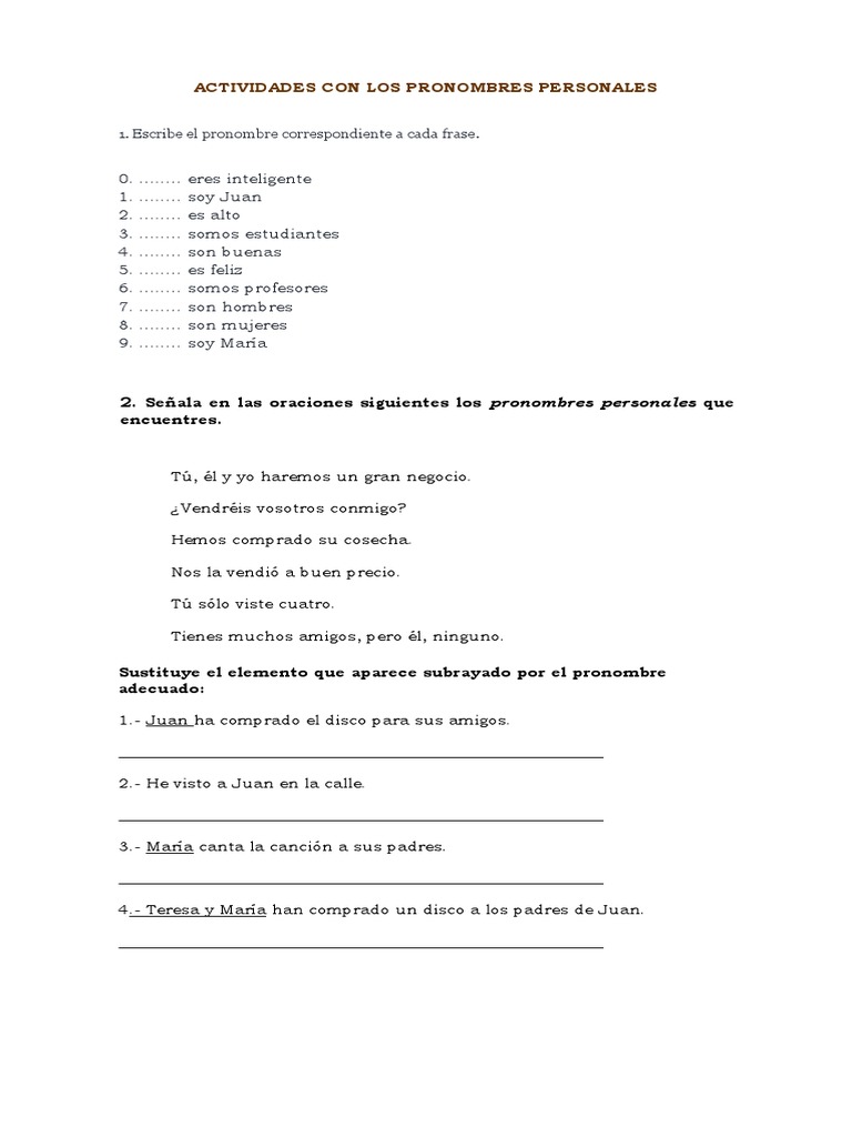 Actividades Con Los Pronombres Personales | PDF