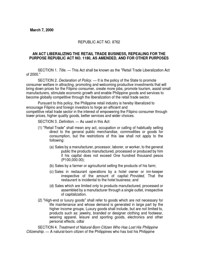 RA 8762 Retail Trade Liberalization Act of 2000 | PDF | Stocks | Retail