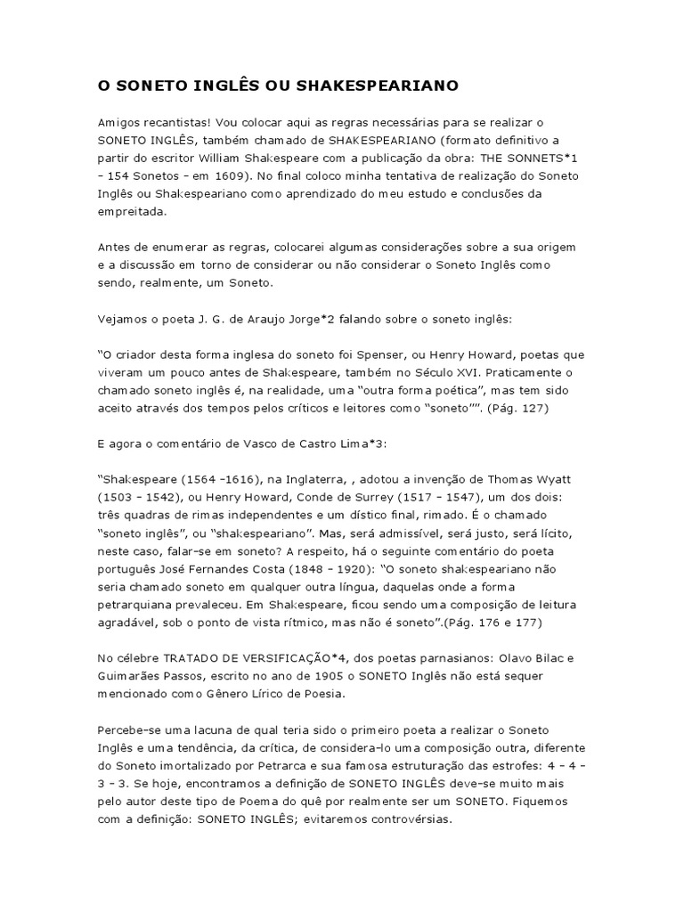 O Soneto Inglês Ou Shakespeariano2 | PDF | Sonetos | William Shakespeare