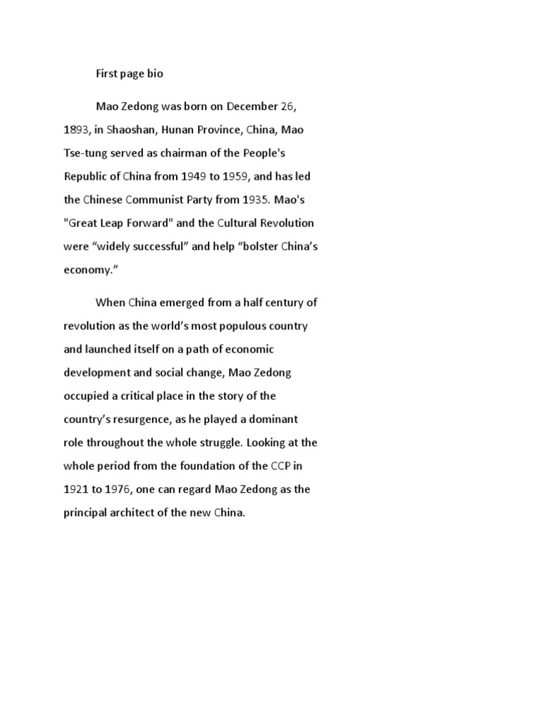Biography of Mao Zedong Outlining His Rise to Power and Role in ...