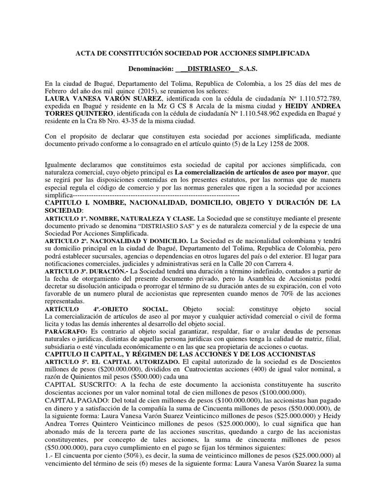 Ejemplo Acta de Constitución Sociedad Por Acciones Simplificada ... Ejemplo Acta de Constitución Sociedad Por Acciones Simplificada ...