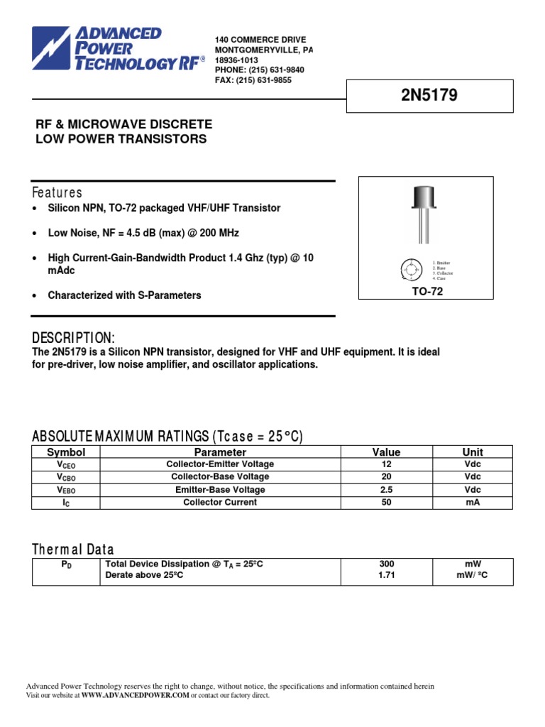 2N5179 Rev | PDF | Bipolar Junction Transistor | Transistor