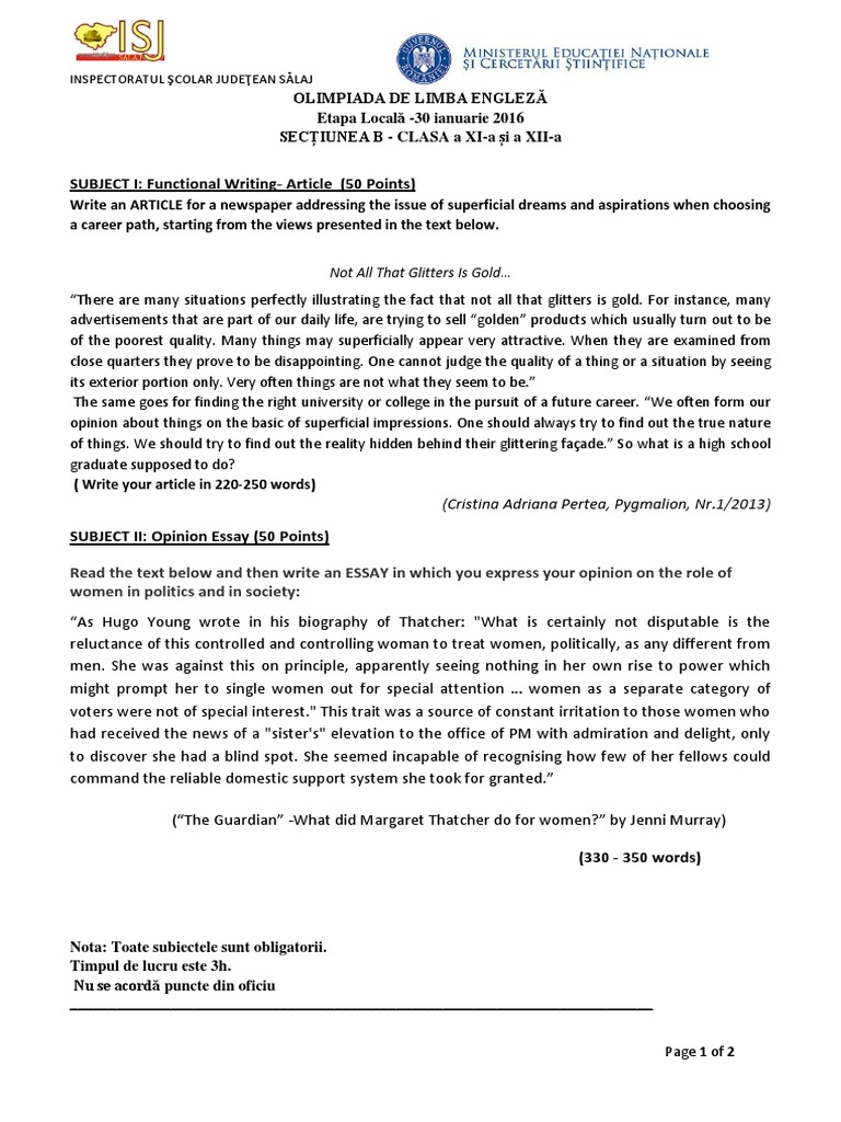 Subiect Olimpiada XI Si XII - Etapa Locala - Bilingv | PDF | Punctuation | Essays