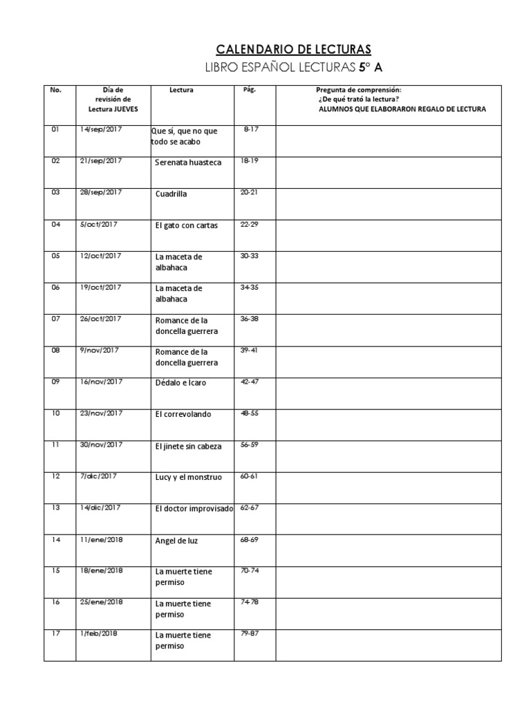 Calendario de Lecturas 5° A Español | PDF