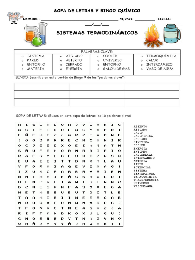 Sopa de Letras y Bingo Químico | PDF | Calor | Ramas de la termodinámica
