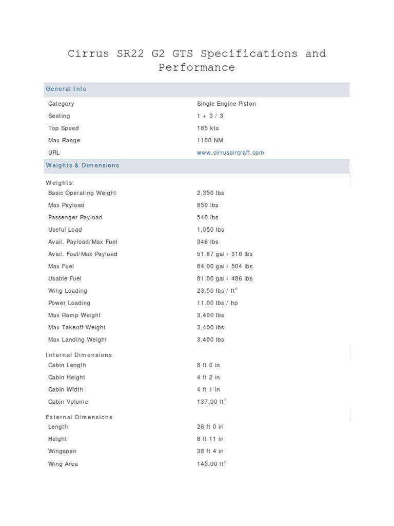 Cirrus SR22 G2 GTS Specifications and Performance PDF | PDF | Engines ...