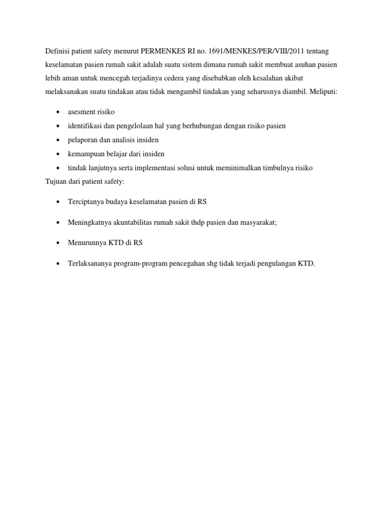 Definisi Patient Safety Menurut PERMENKES RI No | PDF