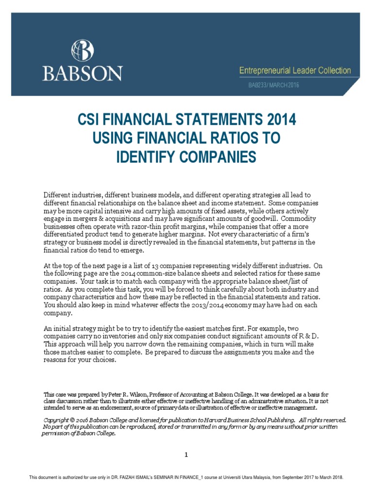 Case 1 - Financial Statements 2014 Using Financial Ratios To Identify ...