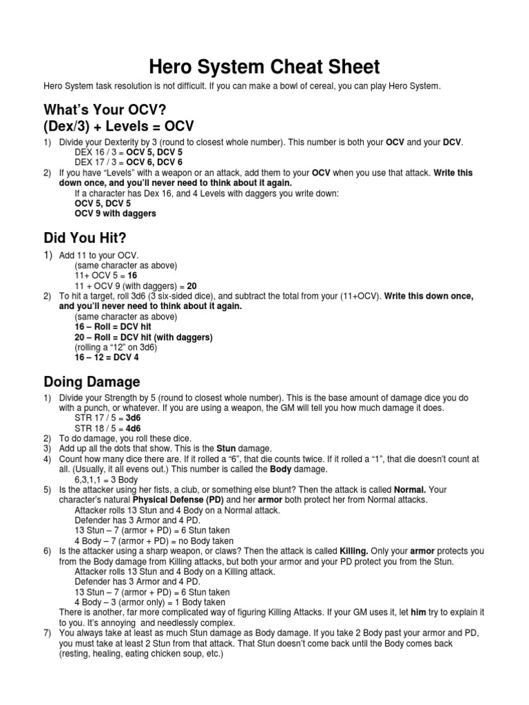 Hero System Cheat Sheet | PDF | Tabletop Games | Gaming