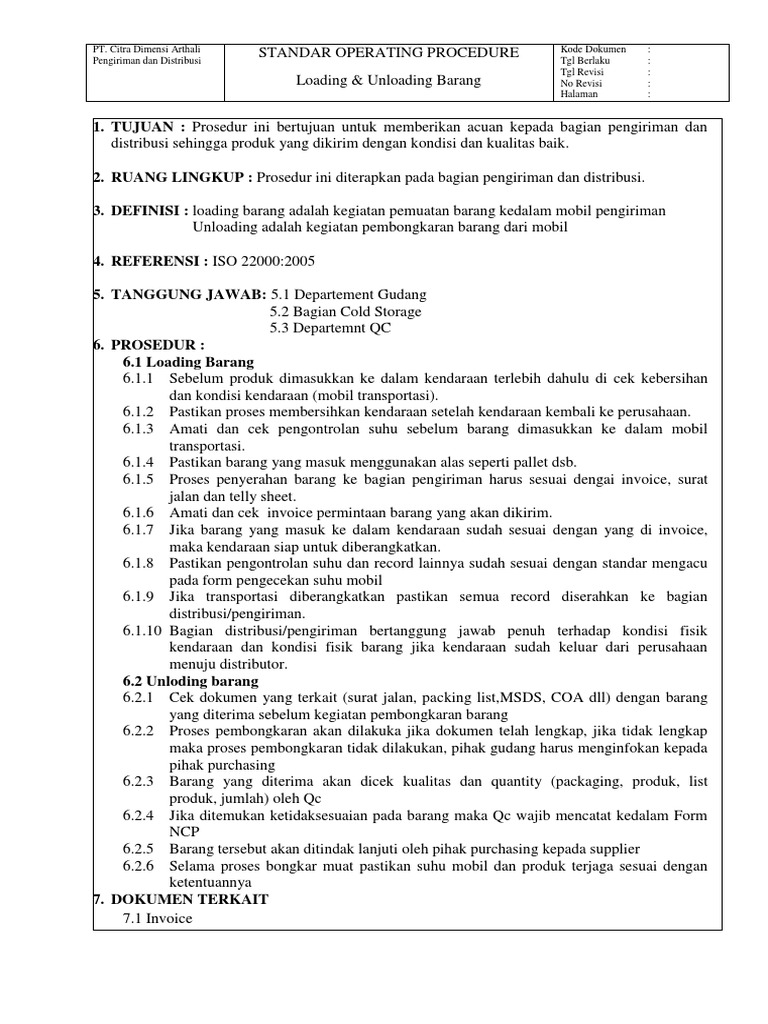 Prosedur SOP Loading & Unloading Barang | PDF