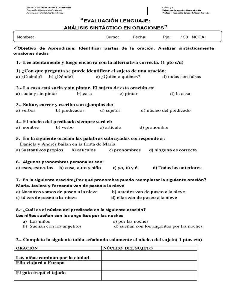 PRUEBA Tercero Partes de La Oración | PDF | Asunto (gramática ...