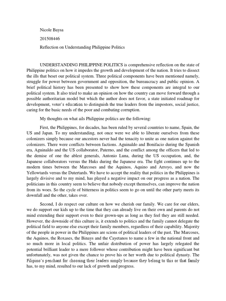 UNDERSTANDING PHILIPPINE POLITICS is comprehensive reflection on the ...
