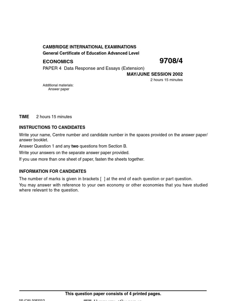 Economics: PAPER 4 Data Response and Essays (Extension) | PDF ...