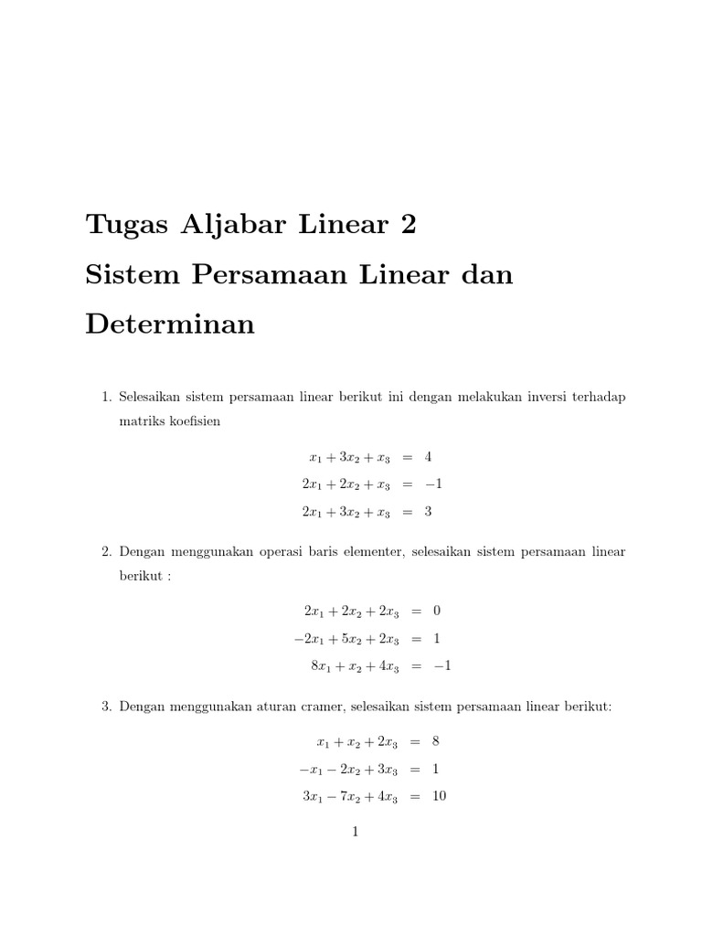 Tugas Aljabar Linear 2 Sistem Persamaan Linear Dan Determinan | PDF