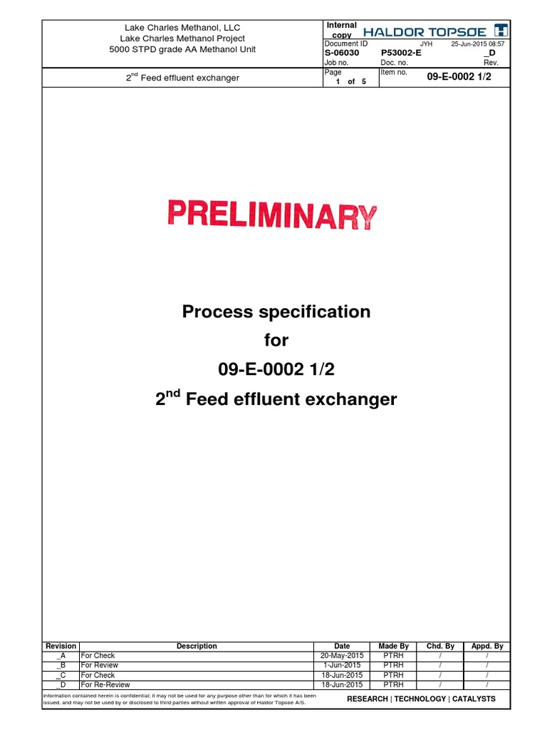 Process Specification For 09-E-0002 1/2 2 Feed Effluent Exchanger For ...