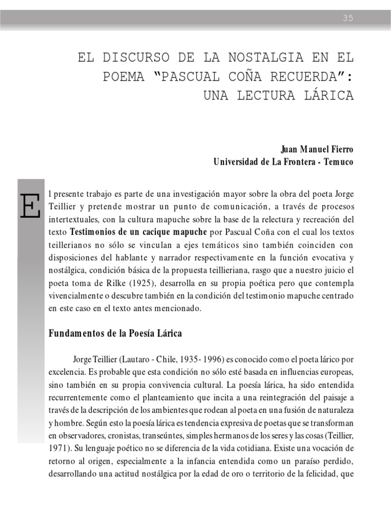 El Discurso de La Nostalgia en El Poema Pascual Coña Recuerda - Una ...