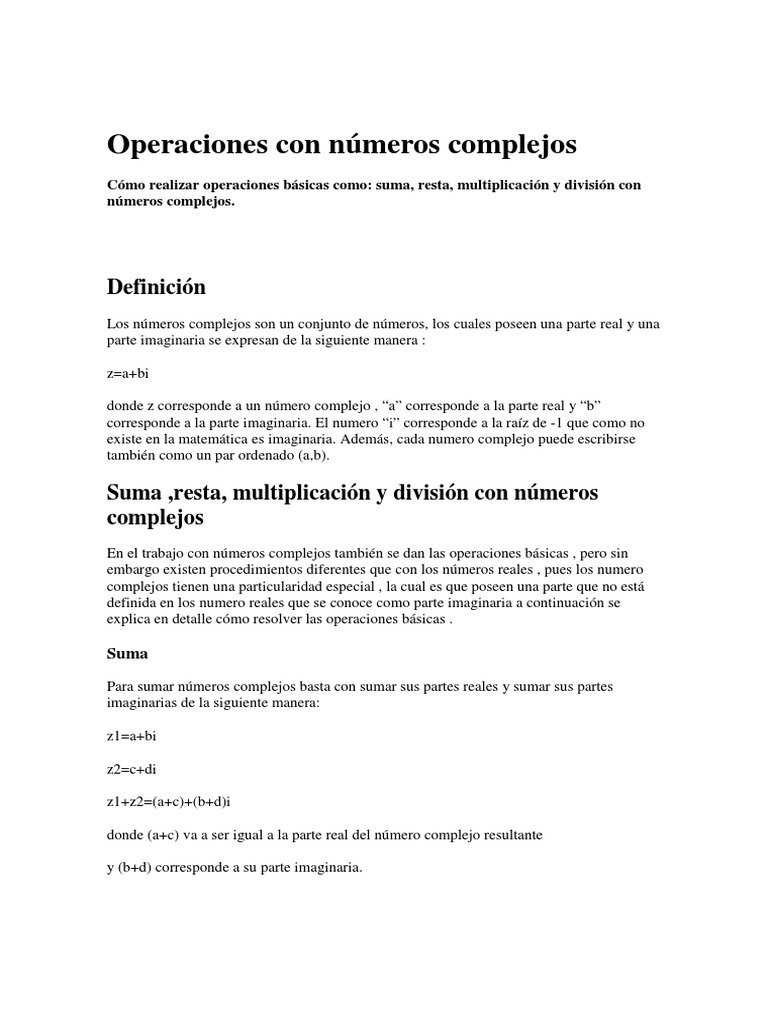 Operaciones Con Numeros Complejos PDF | PDF | Número complejo | Multiplicación