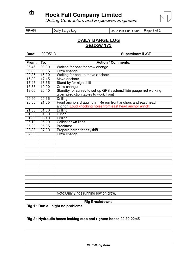 Daily Barge Log for Seacow 173 | PDF