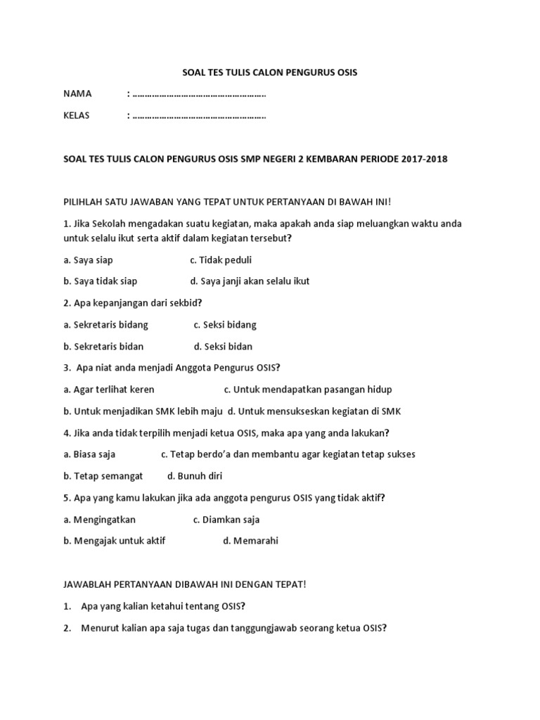 Soal Tes Tulis Calon Pengurus OSIS | PDF
