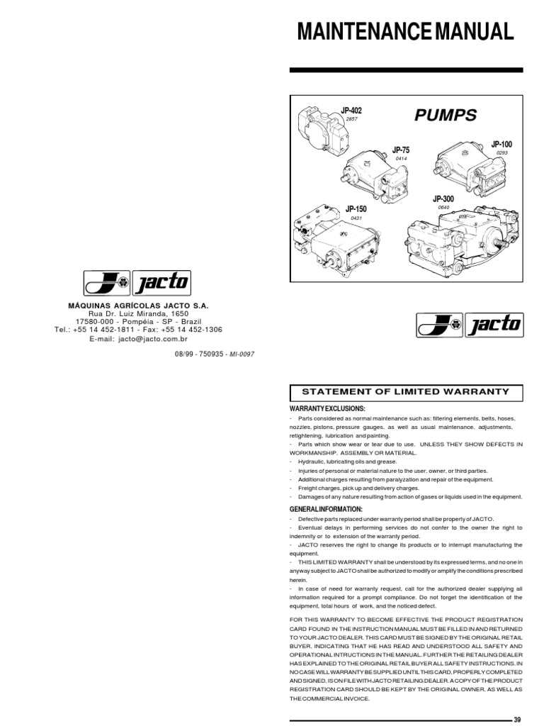 Jacto JP Pump Repair Manual | PDF | Bearing (Mechanical) | Pump