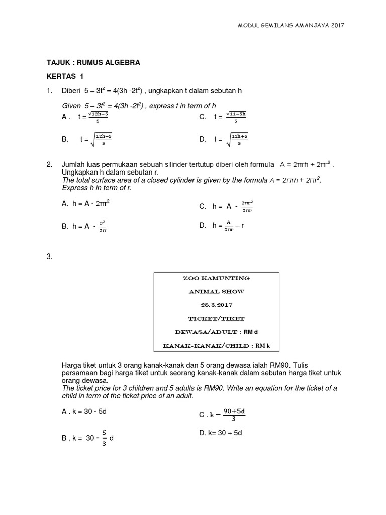 k1 - Rumus Algebra | PDF