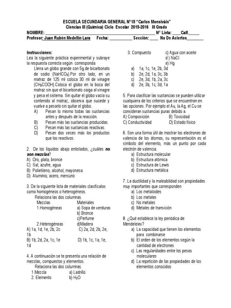 Examen Quimica Tercer Bimestre | PDF | Átomos | Protón