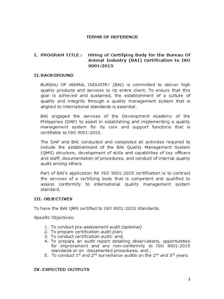 TOR - BAI ISO Certification | PDF | Audit | Quality Management