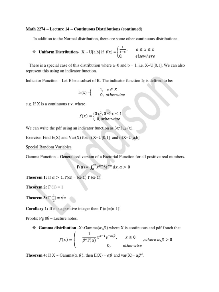 Math 2274 - Lecture 14 - Continuous Distributions (Continued) | Download Free PDF | Chi Squared ...