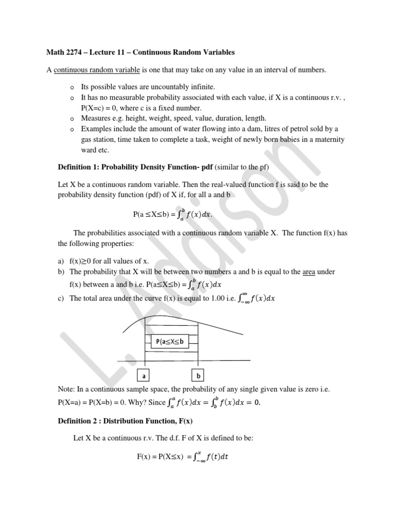 Math 2274 - Lecture 11 - Continuous Random Variables: P (A X B) | PDF ... Math 2274 - Lecture 11 - Continuous Random Variables: P (A X B) | PDF ...