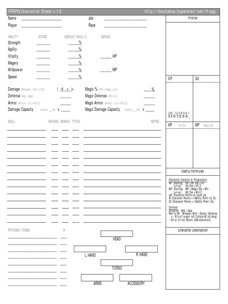 Final Fantasy - Character Sheet | PDF | Fantasy Games | Leisure Activities