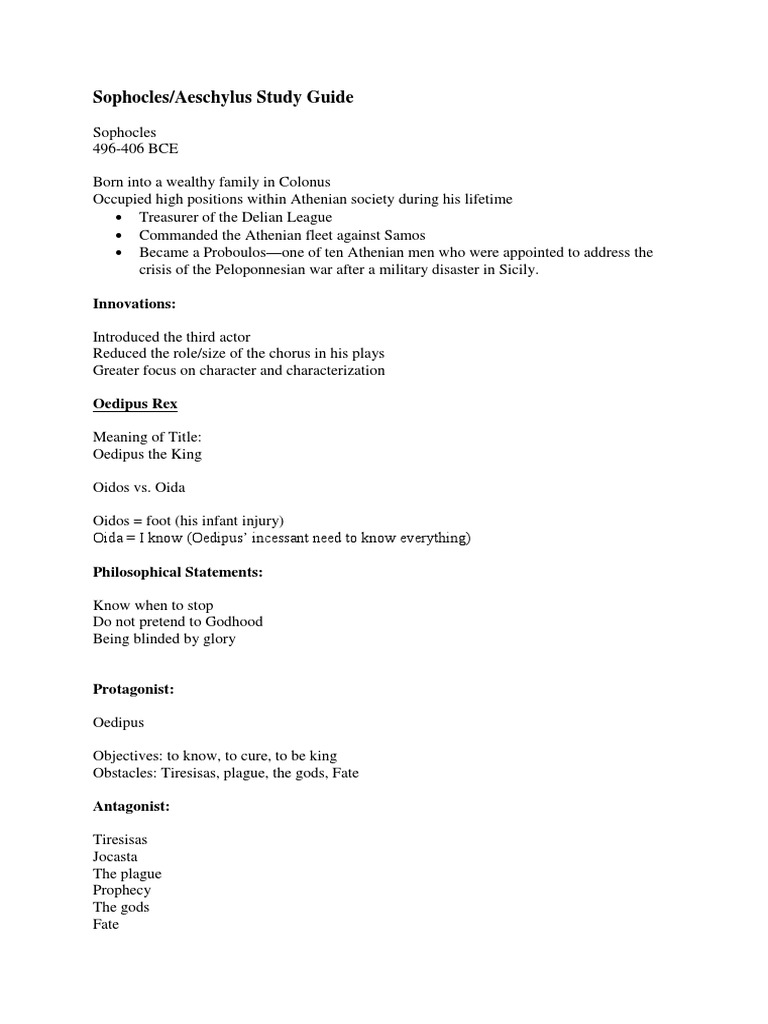Sophocles Oedipus Study Guide | PDF