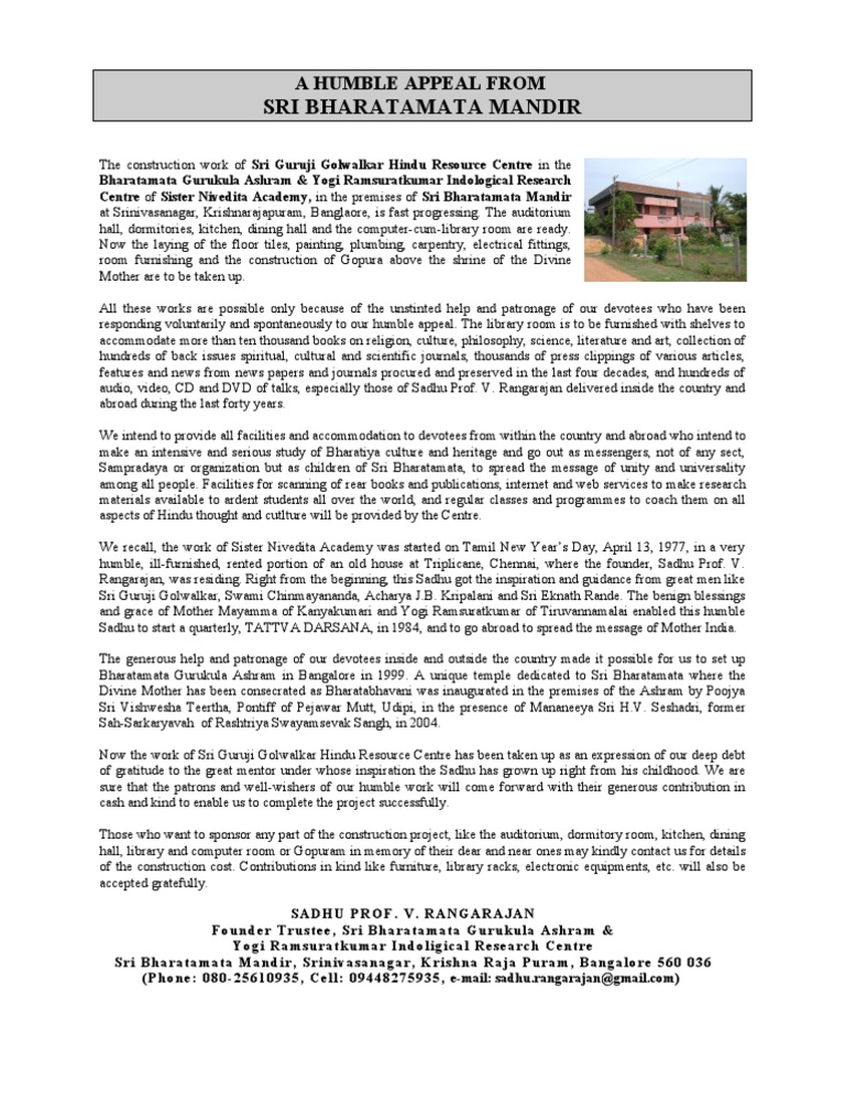 A Humble Appeal From Sri Bharatamata Mandir | PDF | Guru | Sikhism