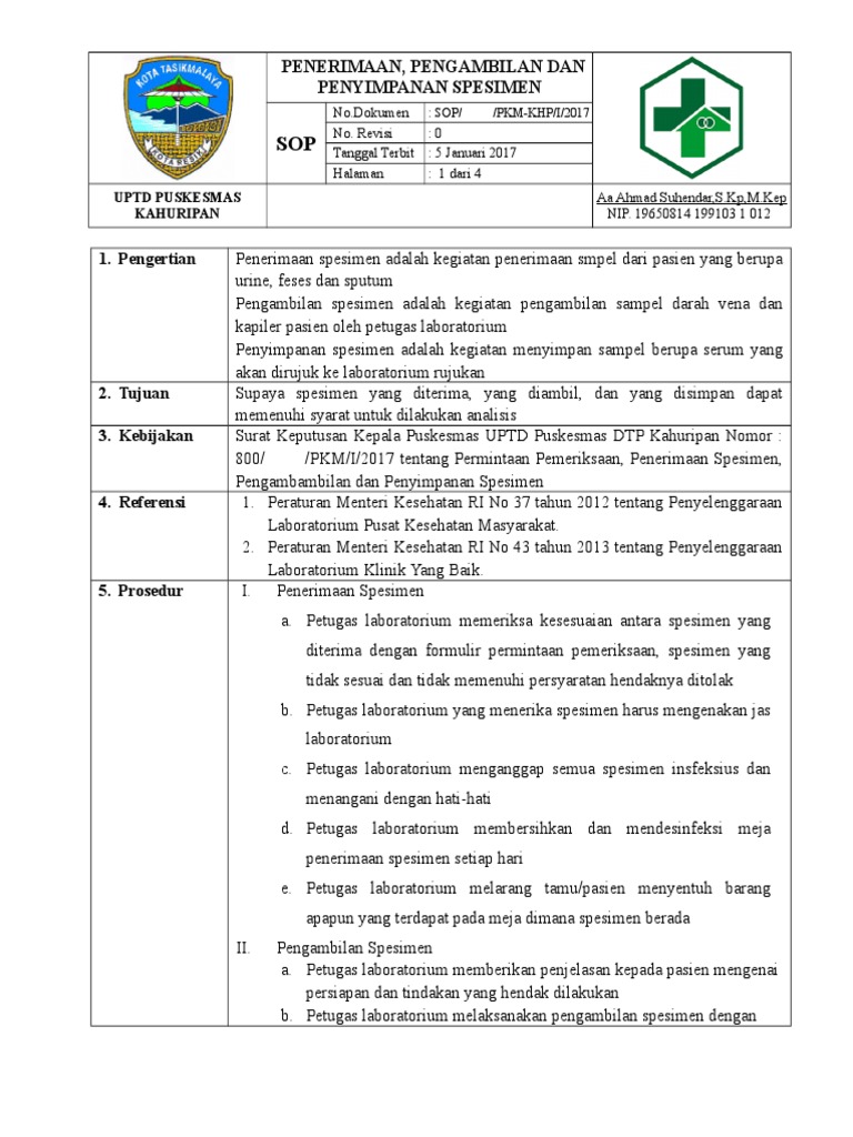 8-1-2-1 SOP Penerimaan Pengambilan Dan Penyimpanan-Spesimen | PDF