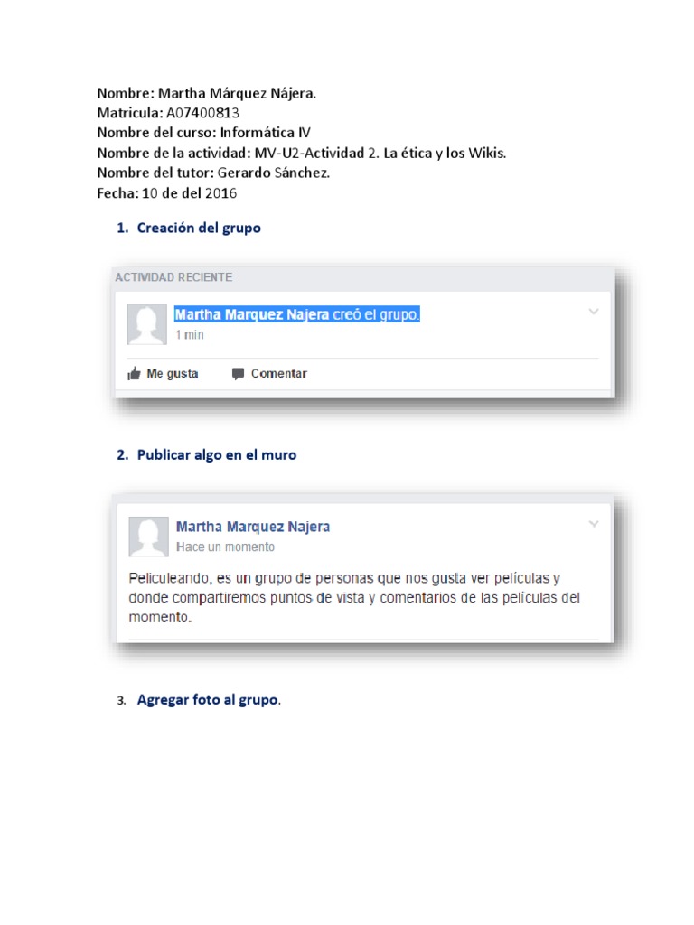 MIV - U2 - Actividad 1. Compartiendo en Facebook | PDF