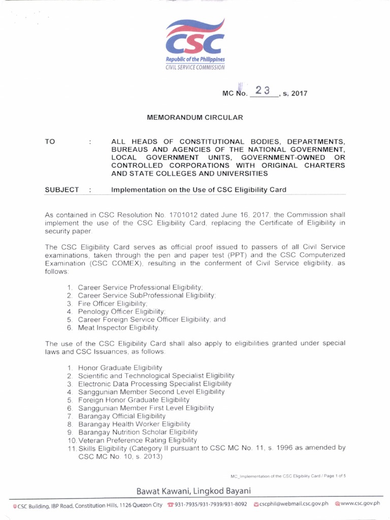 MC No. 23, s. 2017 - Implementation on the Use of CSC Eligibility Card