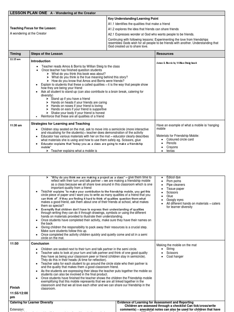 Lesson Plan One: A - Wondering at The Creator | PDF | Individualized ...