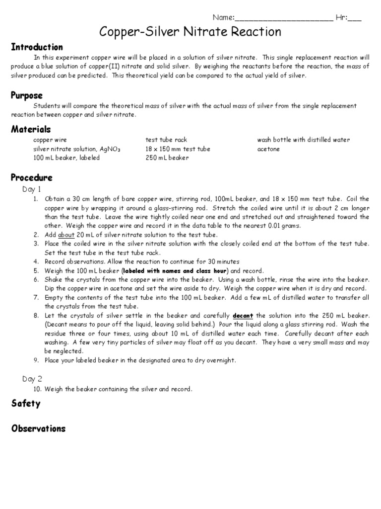 Copper Silver Nitrate Lab 2015 | PDF | Silver | Copper