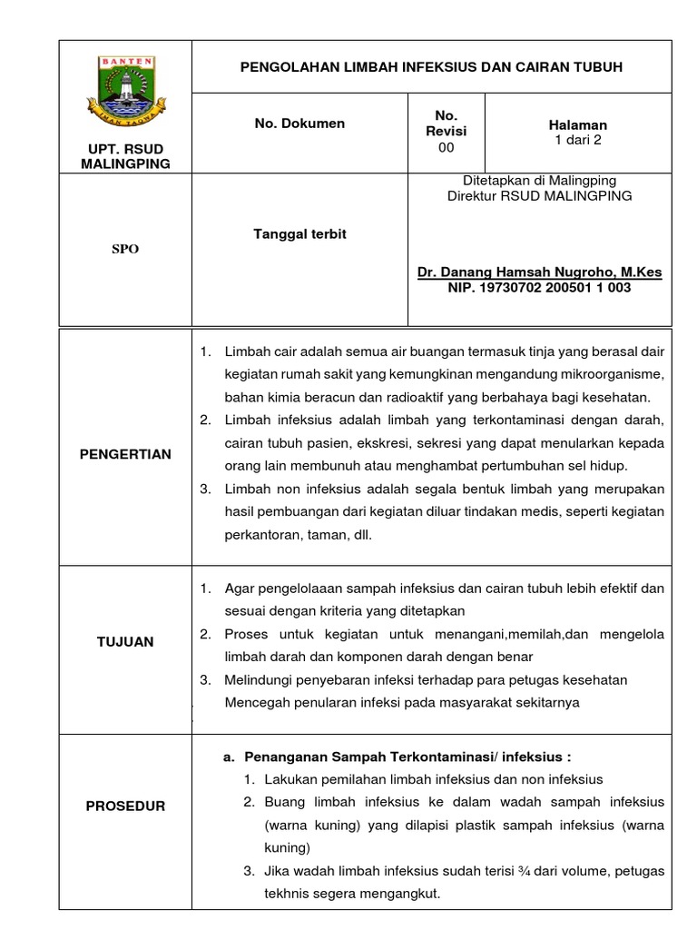 Spo Pengolahan Limbah Infeksius Dan Cairan Tubuh | PDF