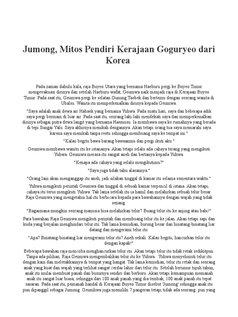 Jumong, Mitos Pendiri Kerajaan Goguryeo Dari Korea | PDF