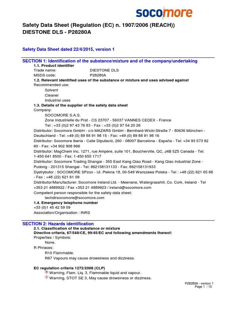 Safety Data Sheet for DIESTONE DLS Solvent Mixture | PDF | Dangerous ...