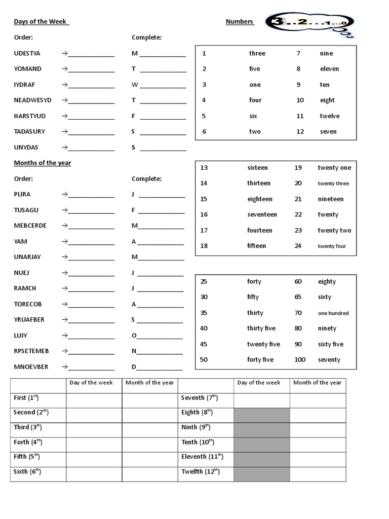 Ordinal Numbers 1 100 Worksheet